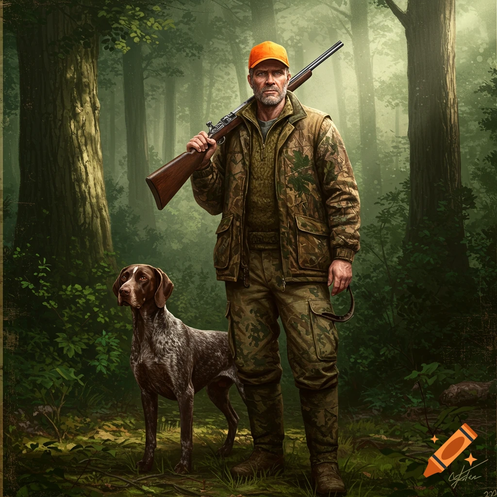 A hunter in camouflage holding a rifle, standing with a dog in a forest ...