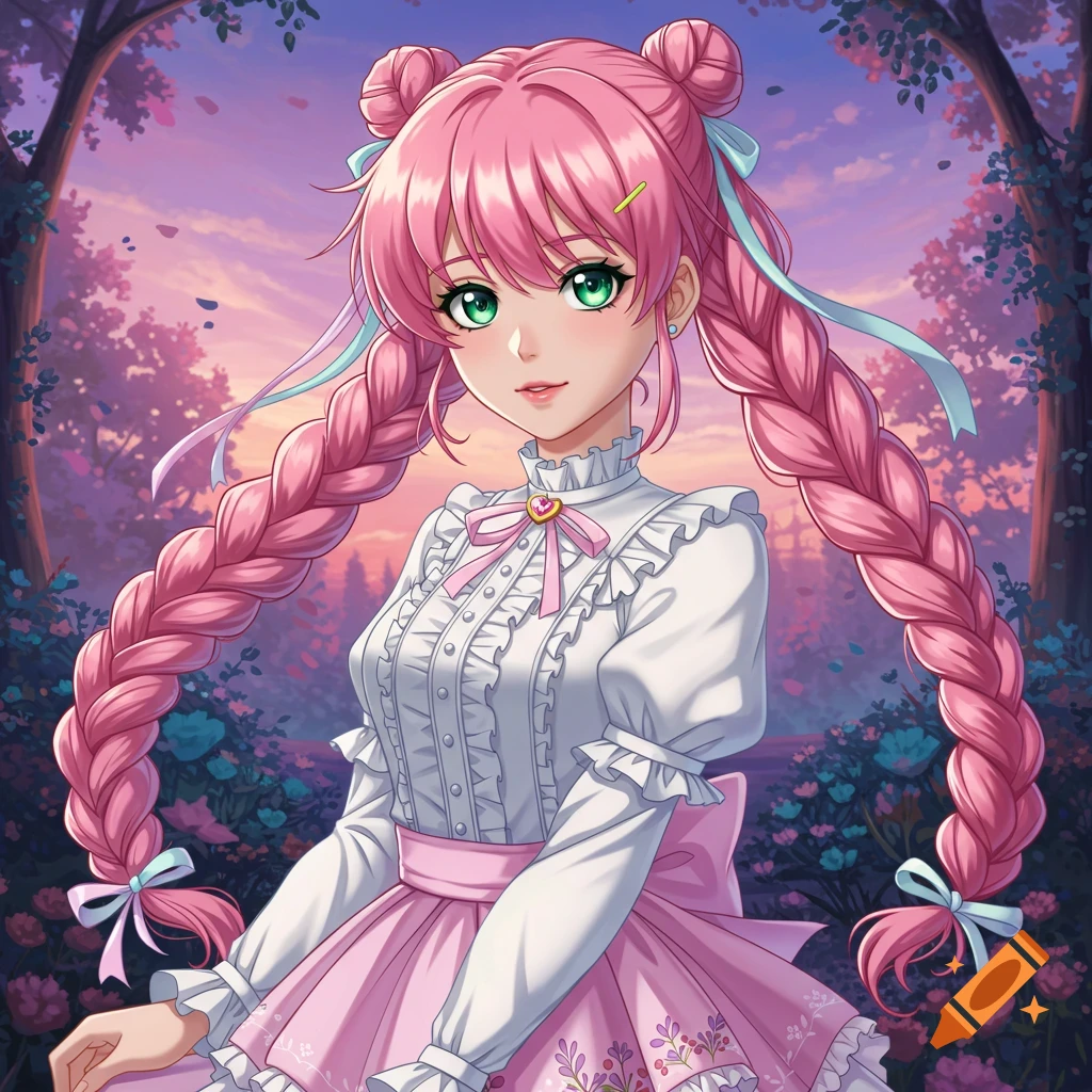 Anime girl with pink hair and braids in a ruffled dress in a fantasy ...