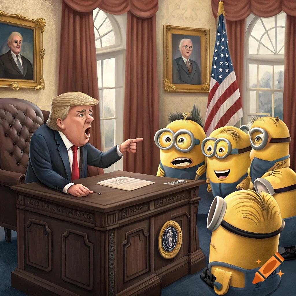 Minions explaining something to Donald Trump in the Oval Office on Craiyon