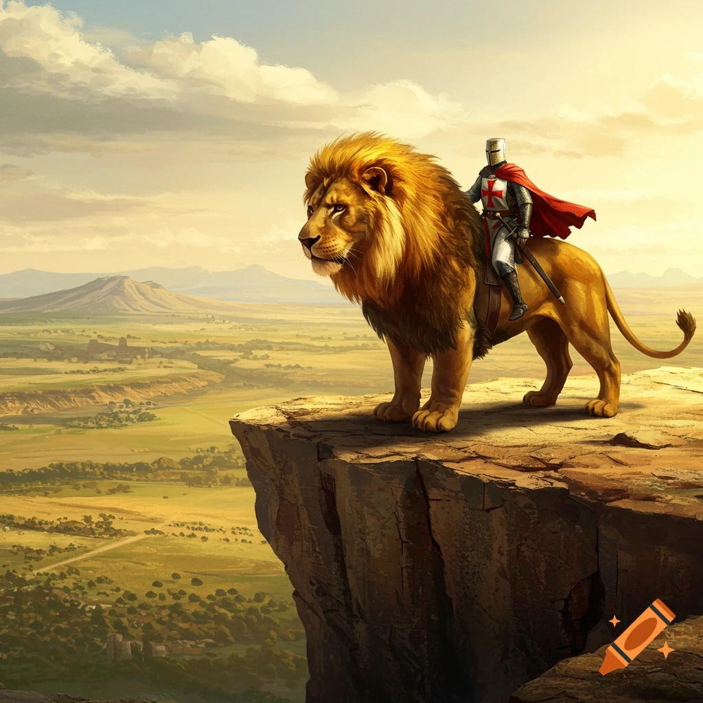 Crusader on a lion by a cliff on Craiyon