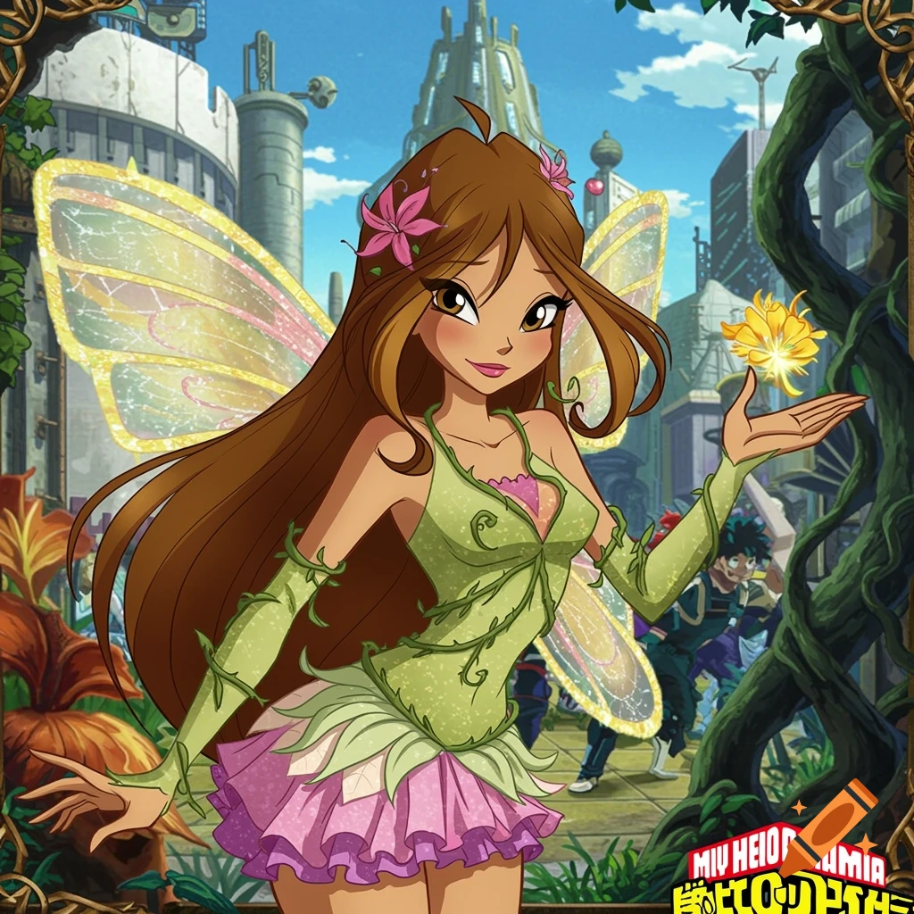 Anime illustration of Flora from Winx Club as a fairy in a city with ...