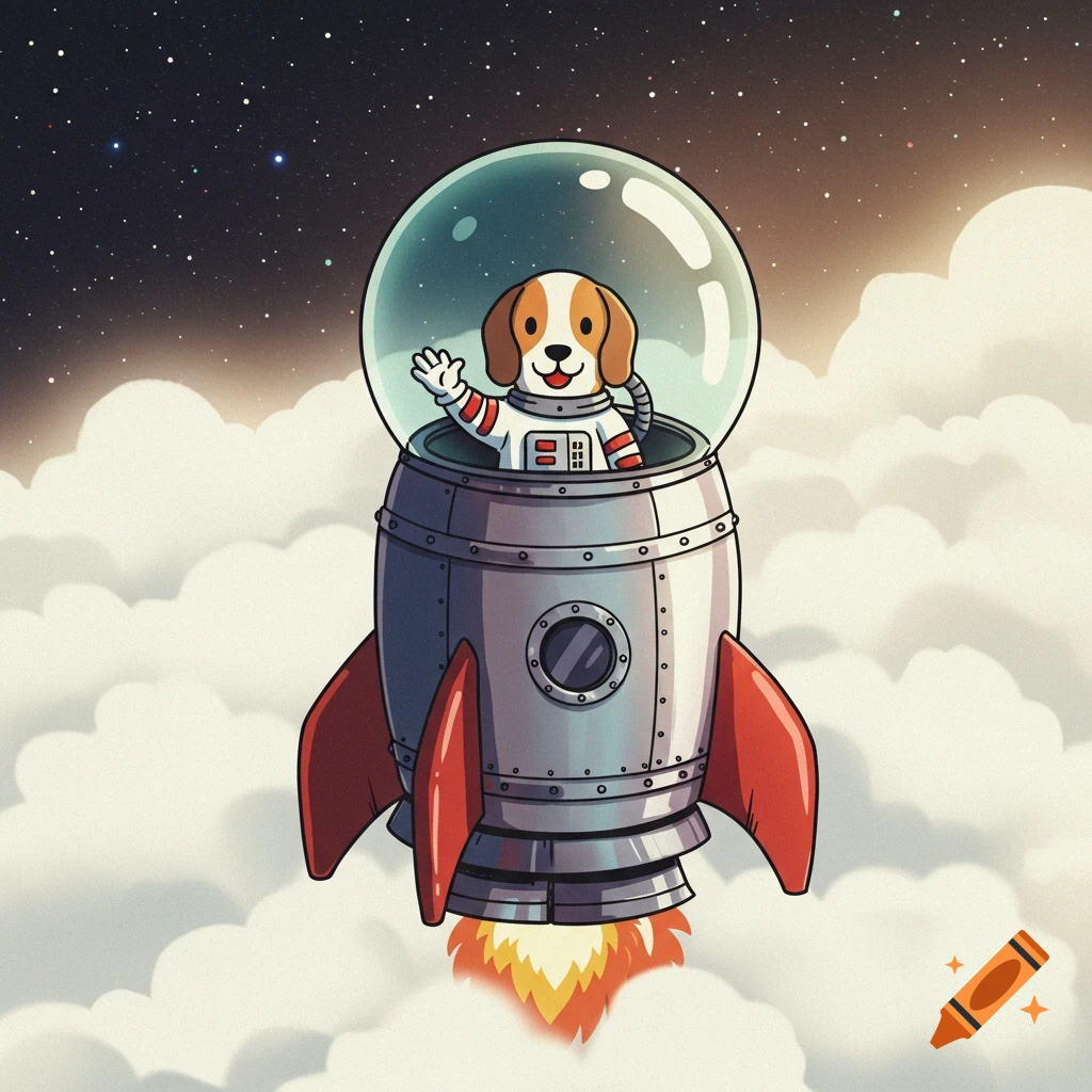 Classic rocket with bubble canopy and dog astronaut in cartoon style on ...