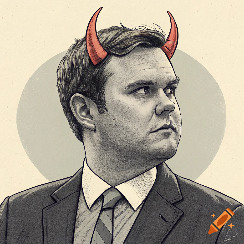 Illustration of a man in a suit with red devil horns. on Craiyon