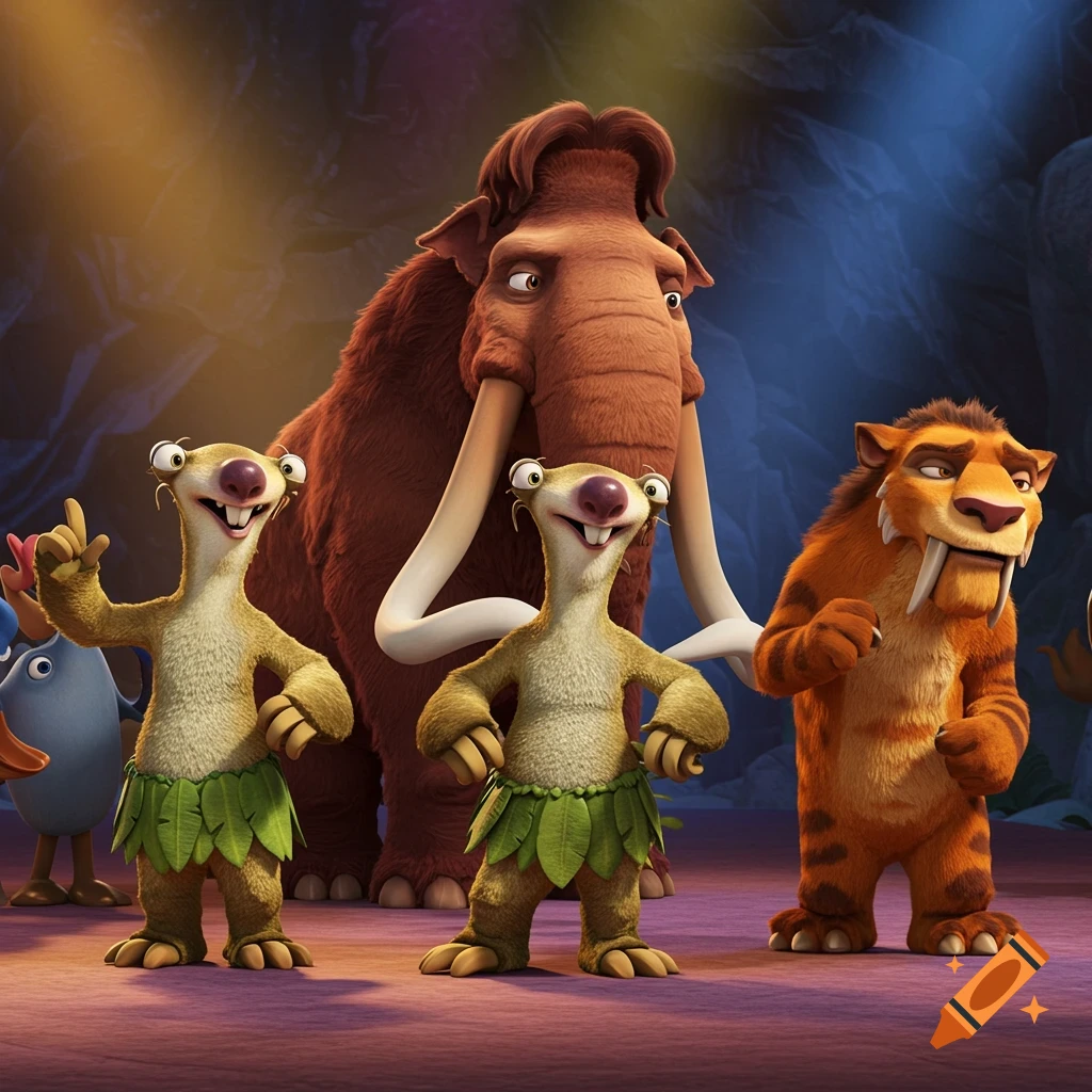 Ice Age characters at a prehistoric dance party, Pixar-style animation ...