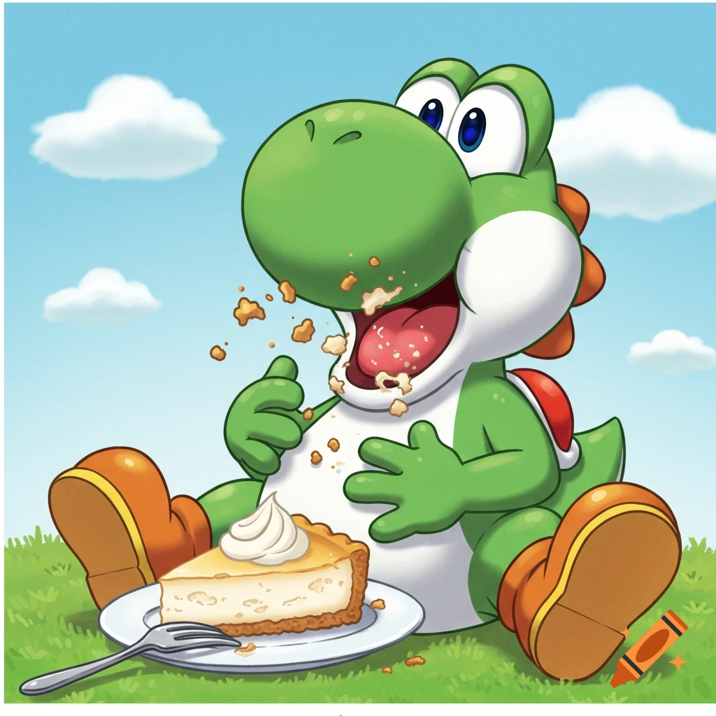Cartoon illustration of Yoshi eating cheesecake in a field. on Craiyon