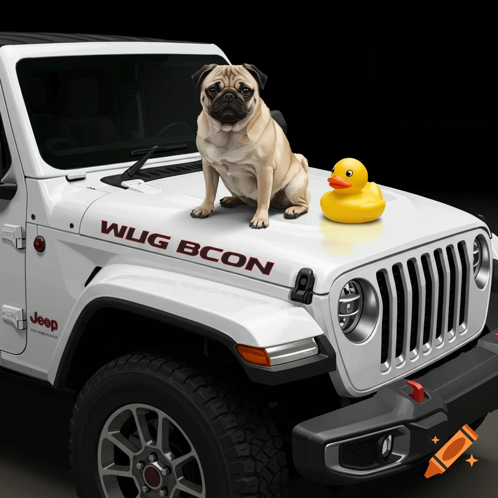 White Jeep Gladiator with Pug and yellow rubber duck on Craiyon