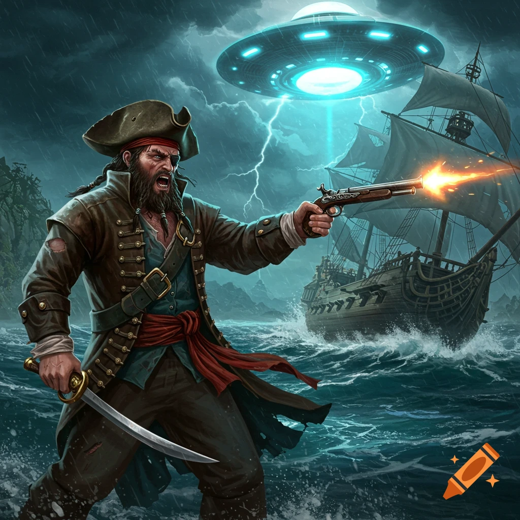 Illustration of a red-bearded pirate skeleton at the helm of a ship in ...