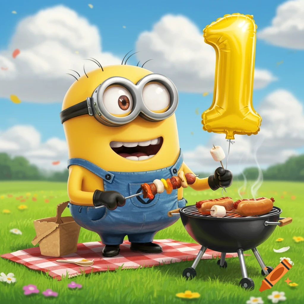 A Minion character grills food at a picnic while holding a large gold ...