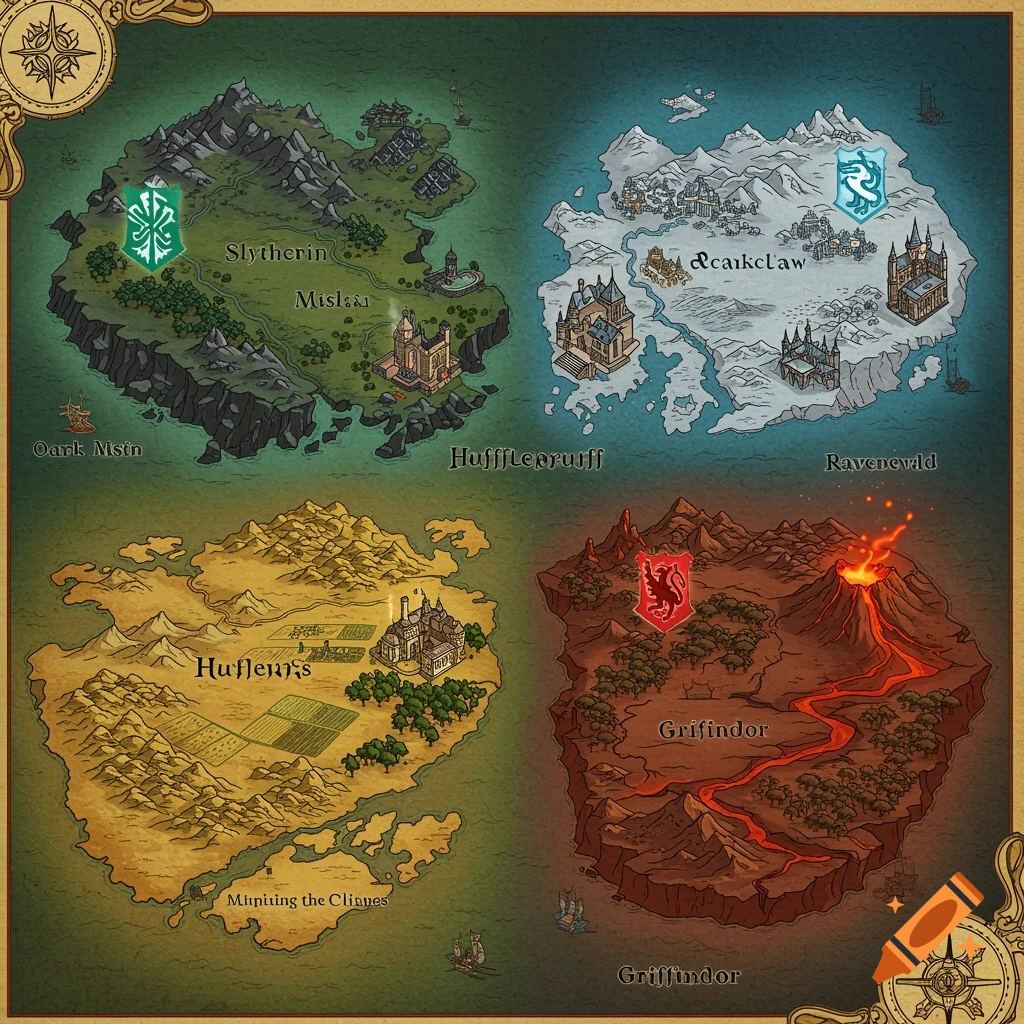 Fantasy map of Hogwarts house islands on parchment on Craiyon