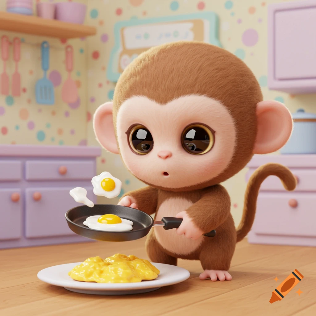 Cute cartoon monkey cooking scrambled eggs in a kitchen. on Craiyon