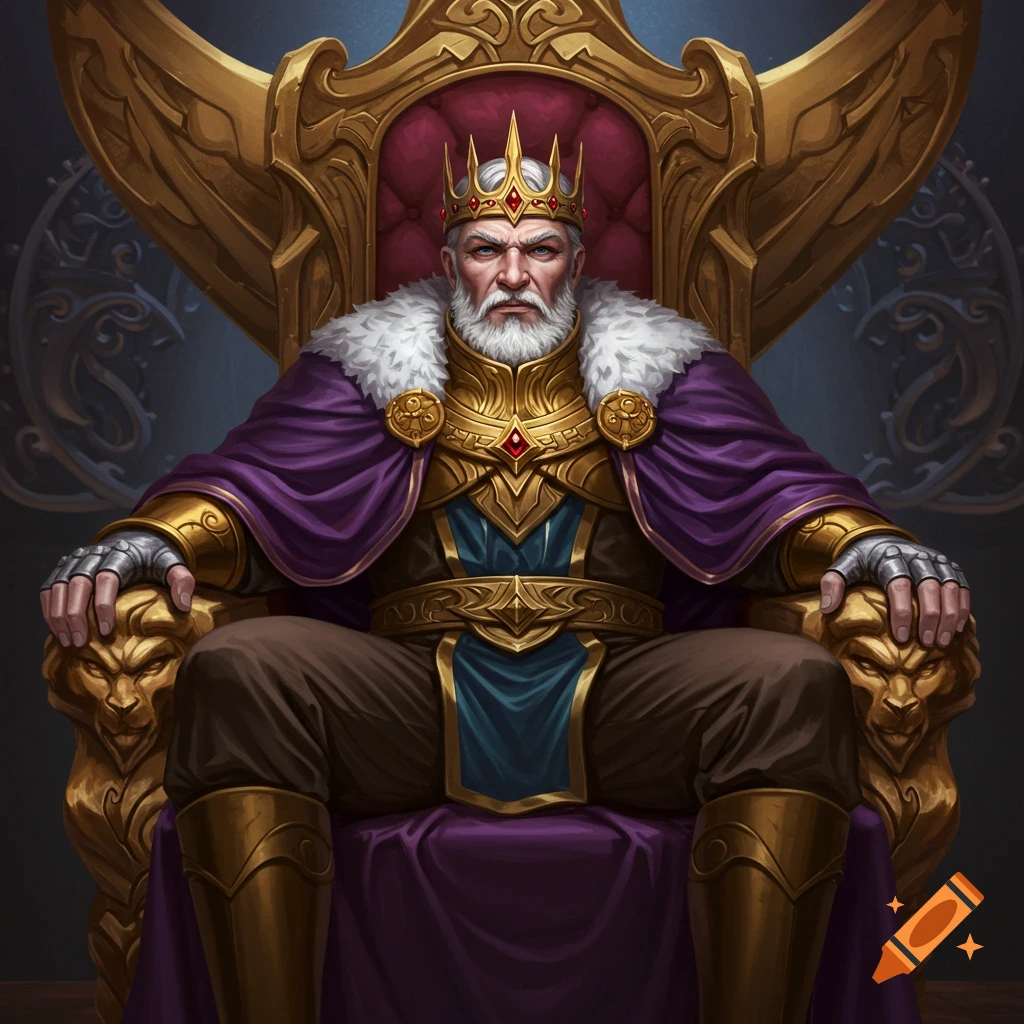 Fantasy king with golden crown and purple cloak on throne, illustration ...