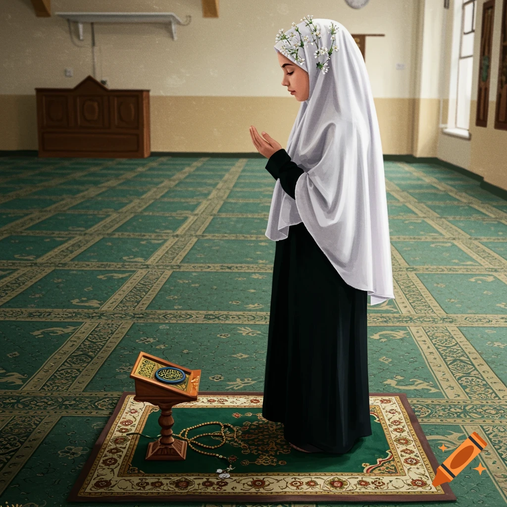 Shia Muslim girl praying on rug with hijab and veil on Craiyon
