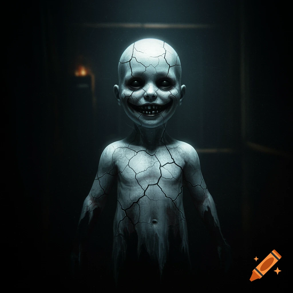 Creepy ghost child with cracked face smiling in a dark room on Craiyon