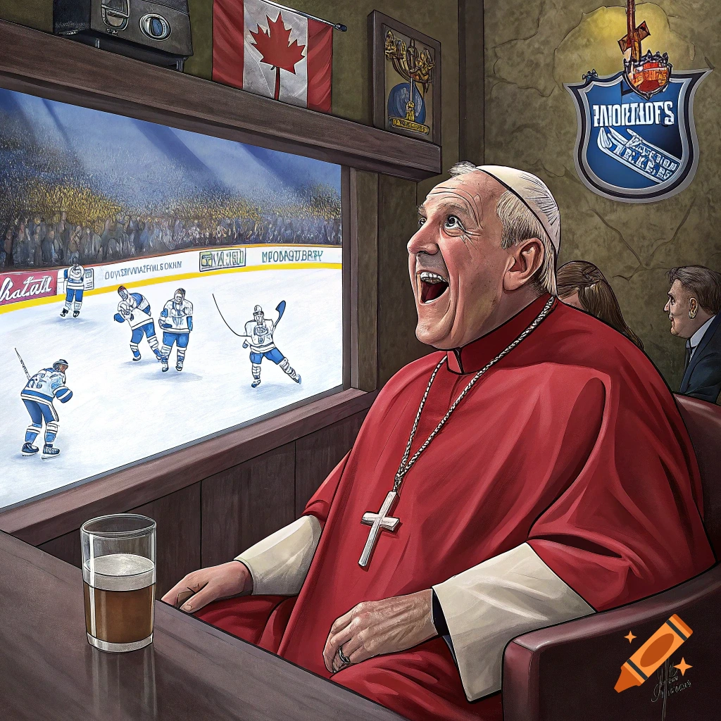 Illustrated Pope with American flag cape and crown, holding a hot dog ...