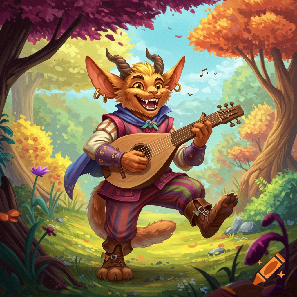 A young satyr plays a lyre in a forest setting. on Craiyon