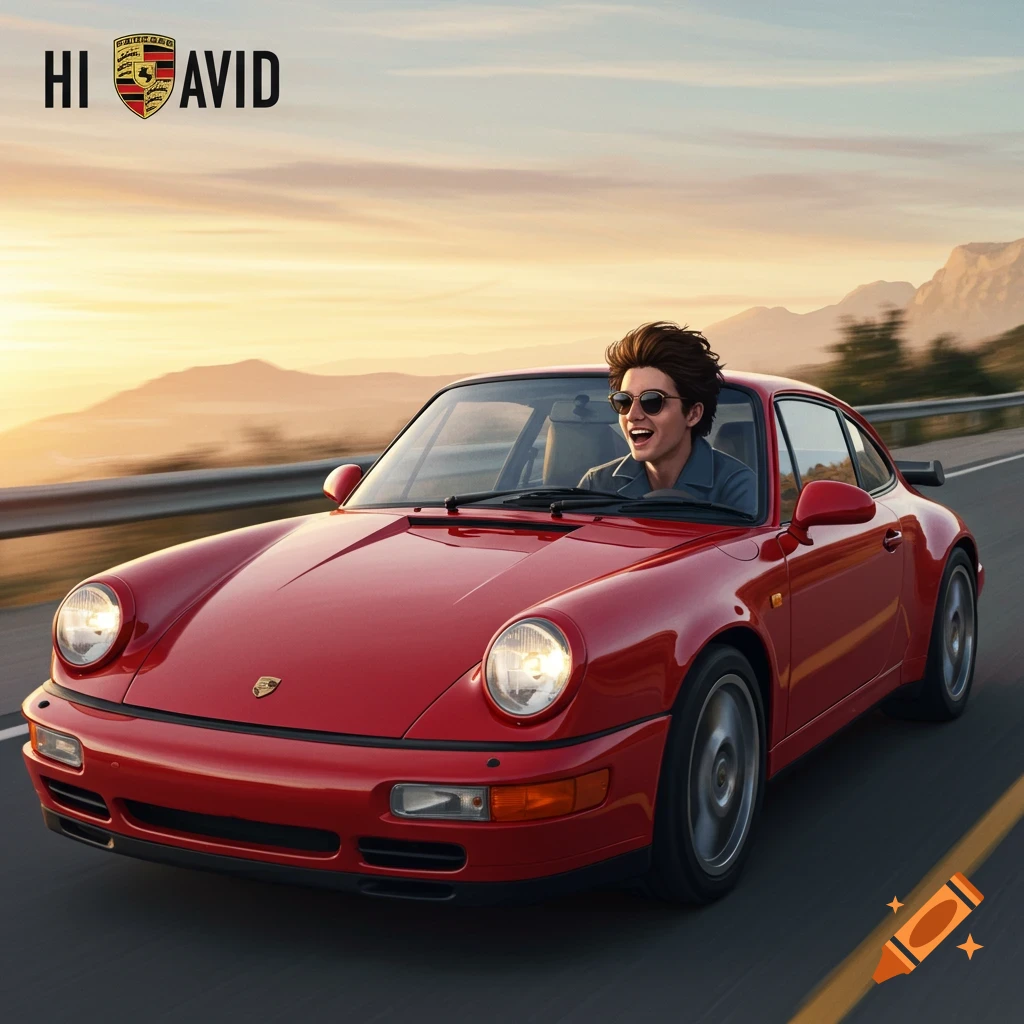 Man driving a Porsche with the caption "Hi David". on Craiyon