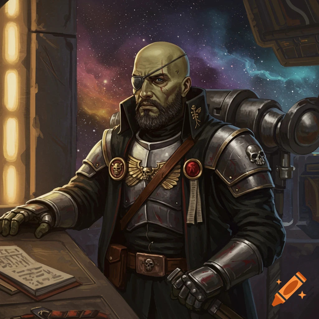 Illustration of a grimdark sci-fi character, a bald man with an ...