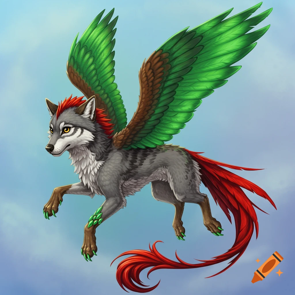 Hybrid creature: wolf, dragon, and hawk on Craiyon