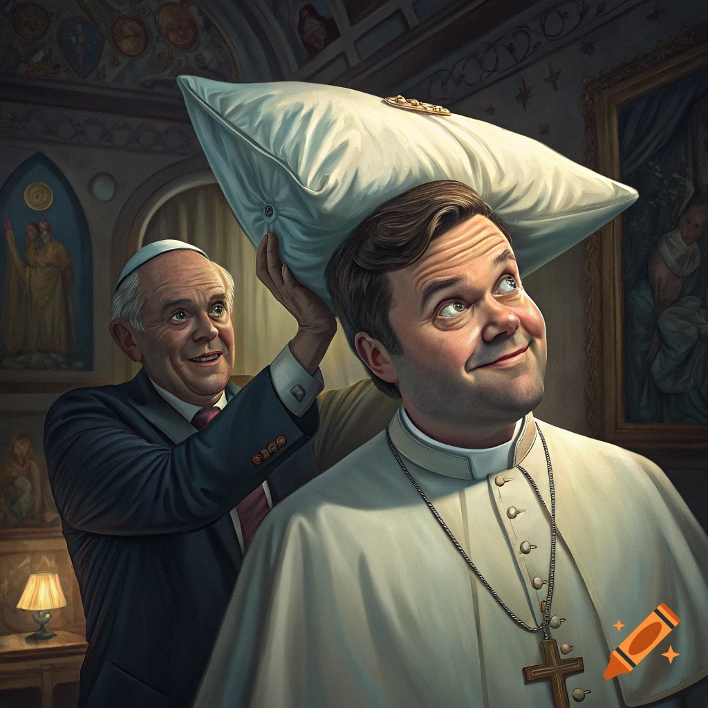 Painting of a man in Pope attire holding a hamburger behind a Burger ...