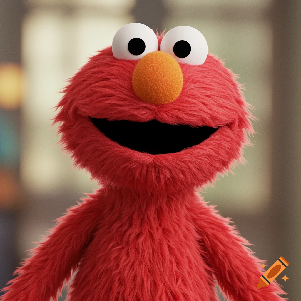 A furry red monster character resembling Elmo stands smiling and waving ...