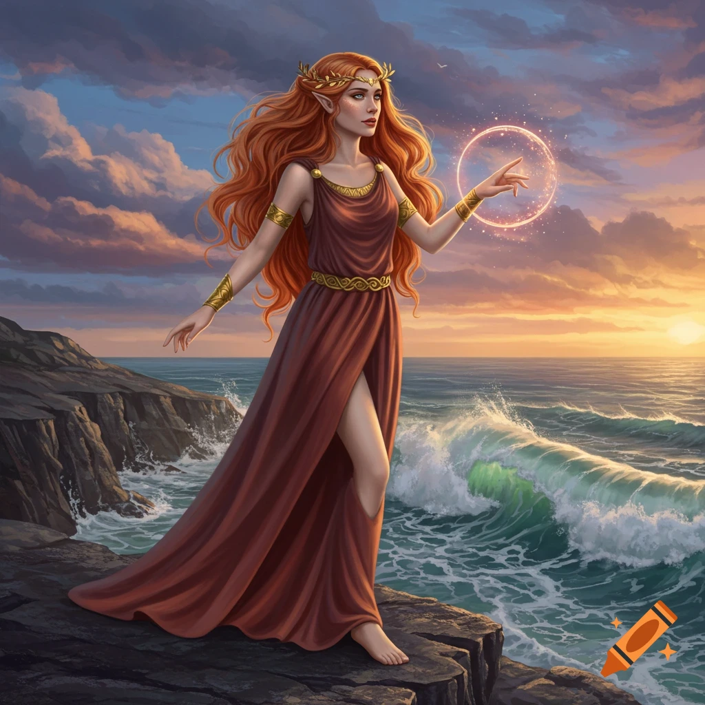Enchanting goddess Circe with flowing wavy hair on an ocean cliff on ...