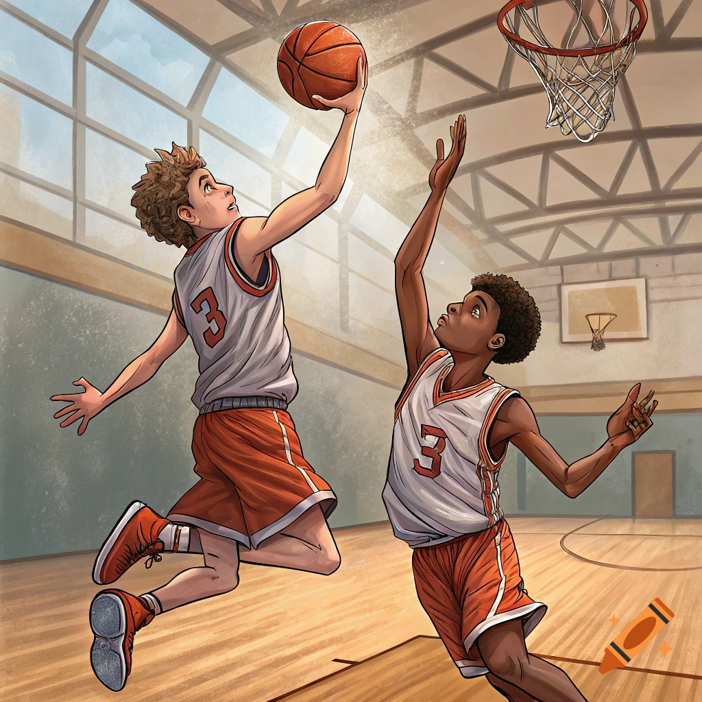 Cartoon Basketball Court With Players