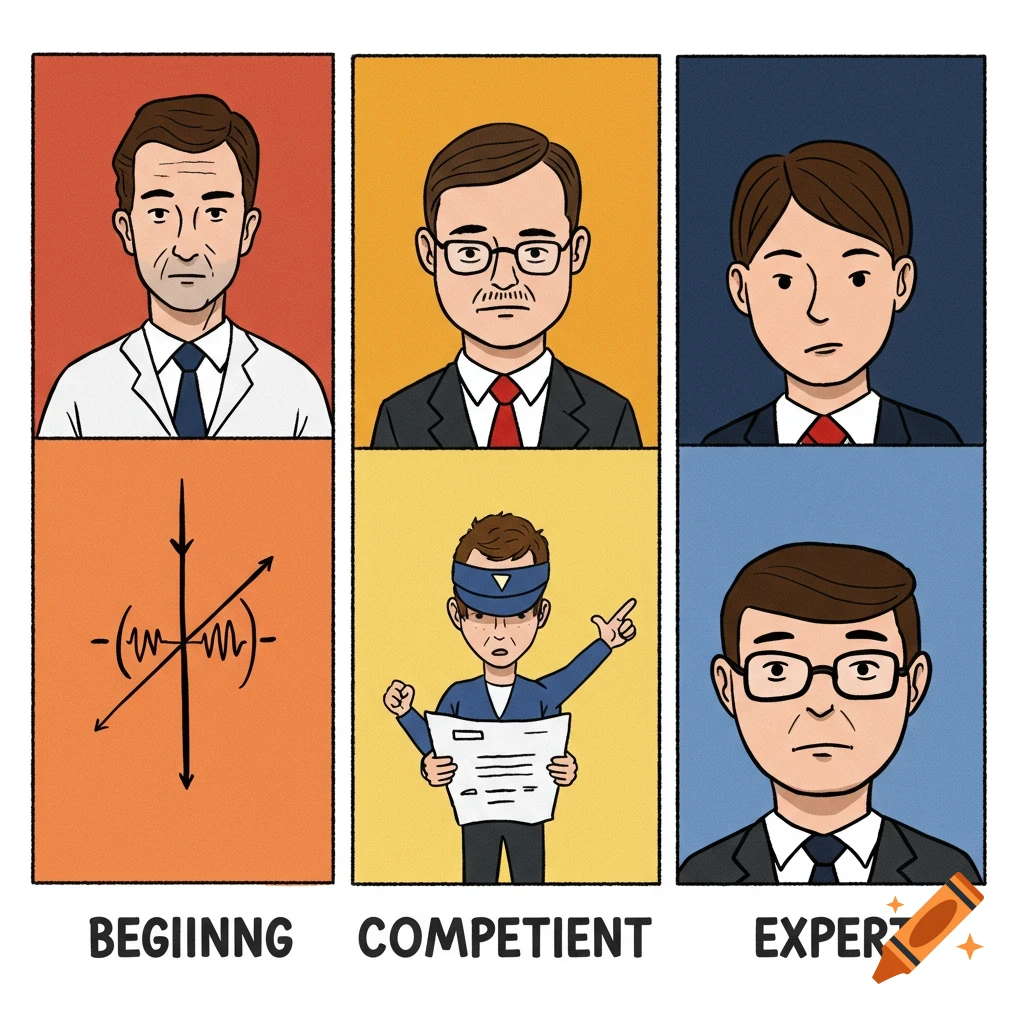 Comic style collage depicting career progression from beginner to ...