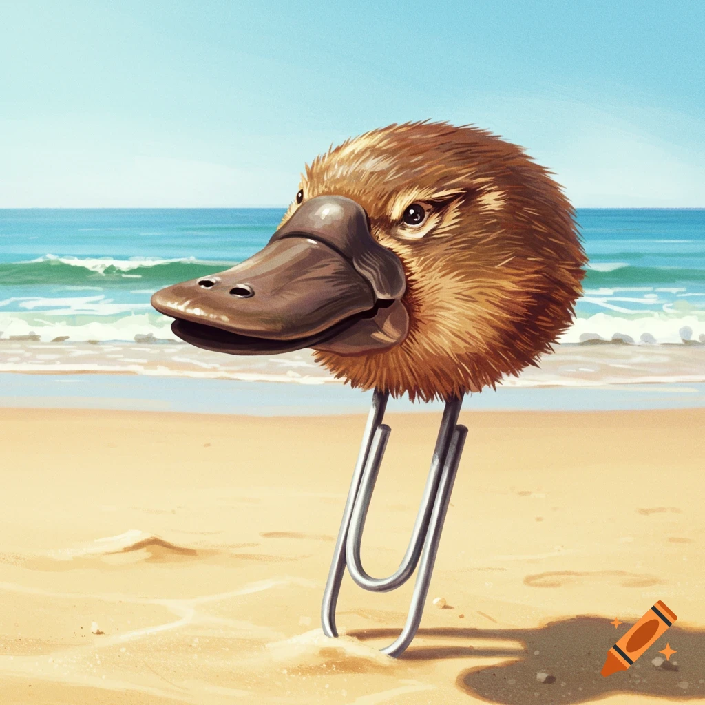 Platypus head on a paperclip on the beach on Craiyon