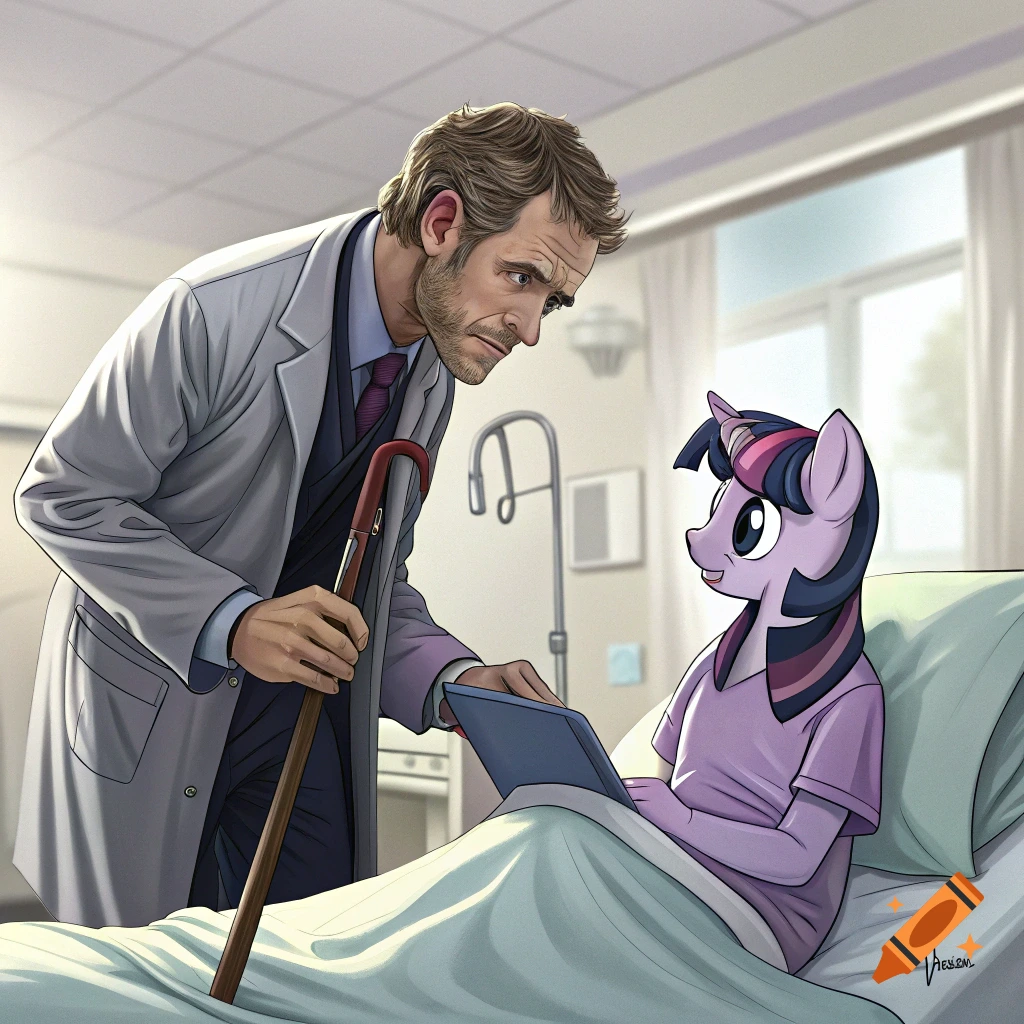 Dr. House and Twilight Sparkle examining a patient on Craiyon