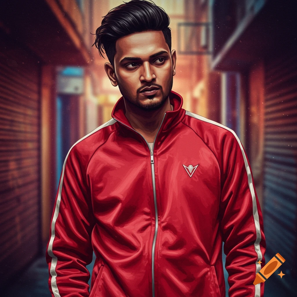 A man in a red track jacket is standing in an alley. on Craiyon