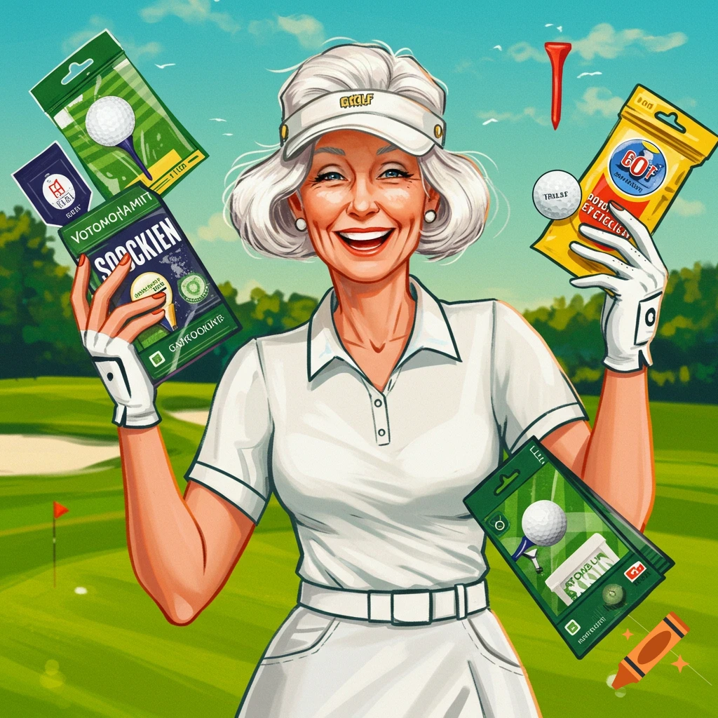 A digital painting of a woman golfer holding golf balls and packaging ...
