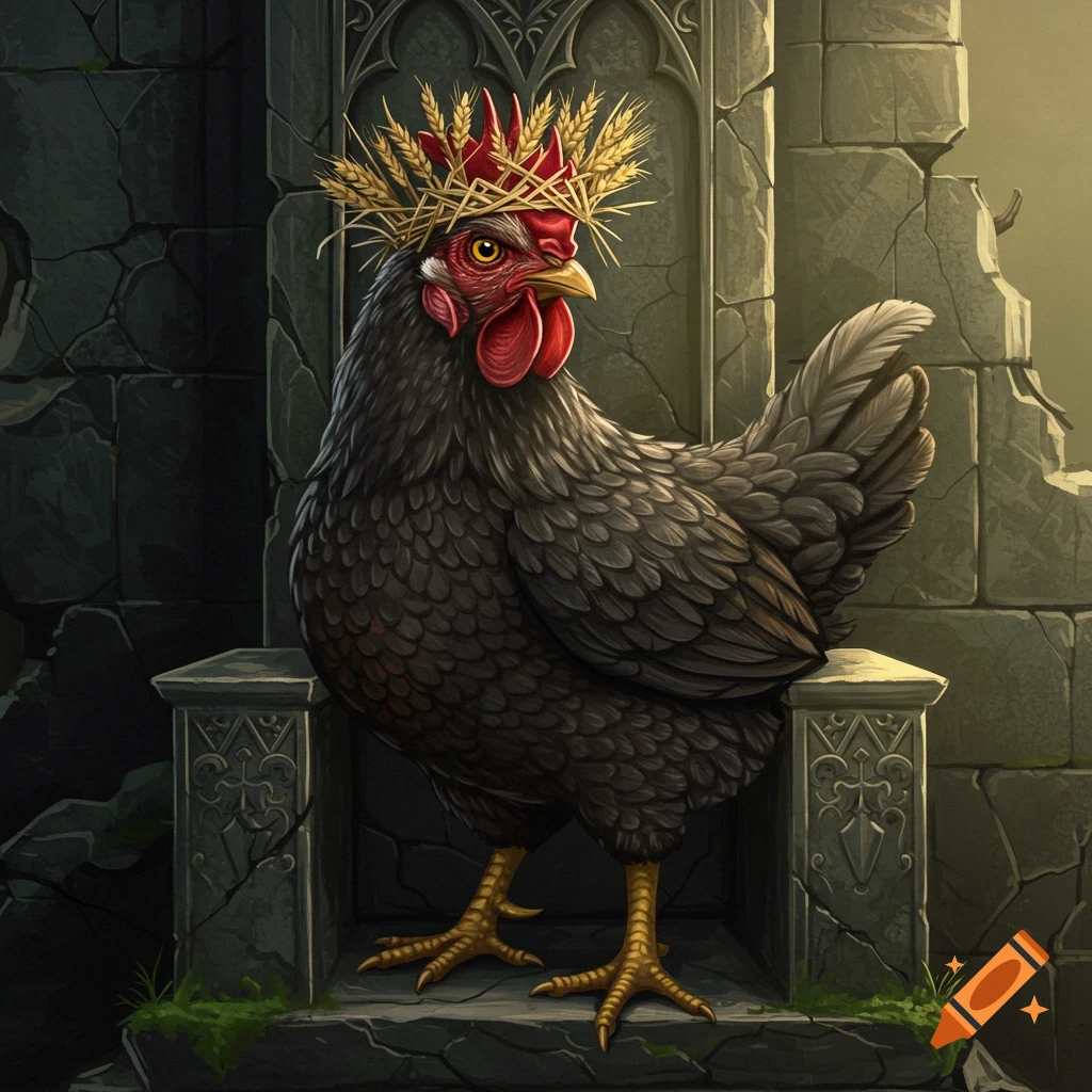 A black chicken with a red comb wears a wheat crown and sits on a stone ...