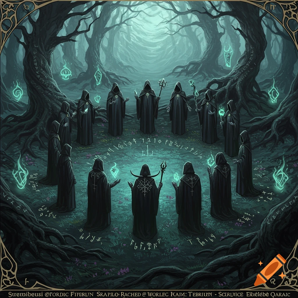 A circle of hooded figures performs a ritual in a dark, runic forest ...