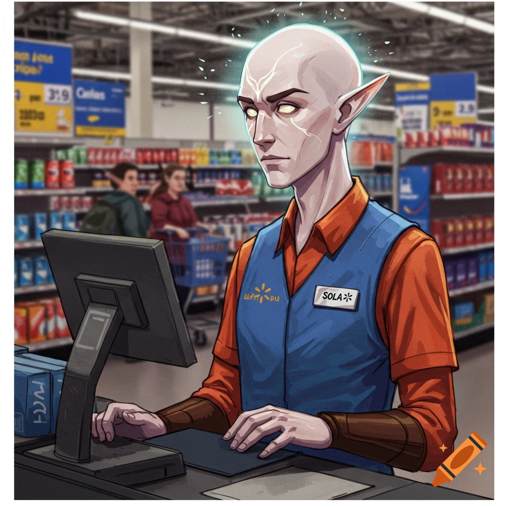 A fantasy character working as a cashier at a store. on Craiyon