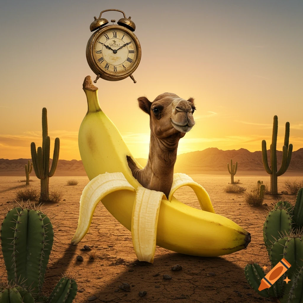 A camel head emerges from a peeled banana in a desert landscape with ...