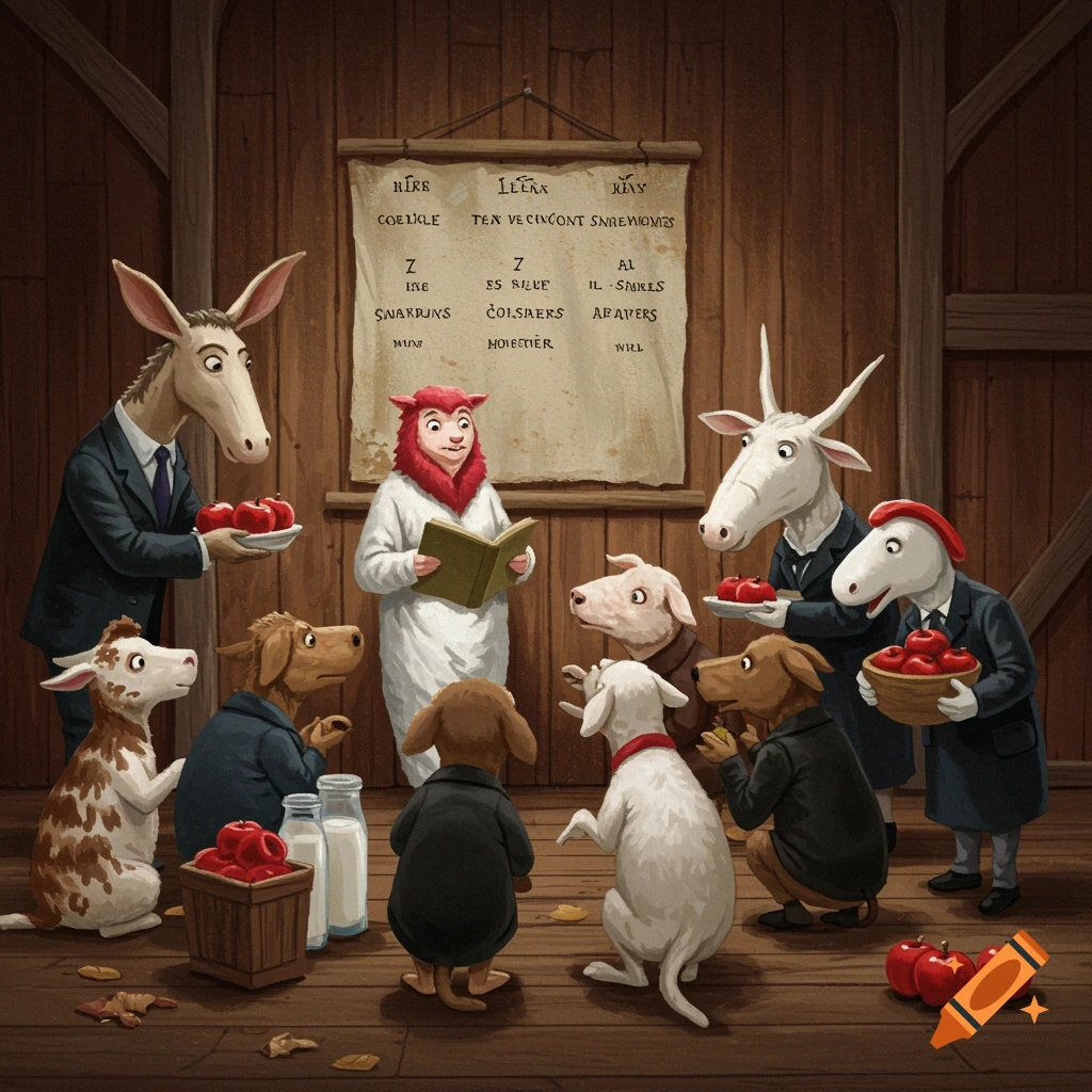 Animals learning about The Seven Commandments, Animal Farm scene on Craiyon