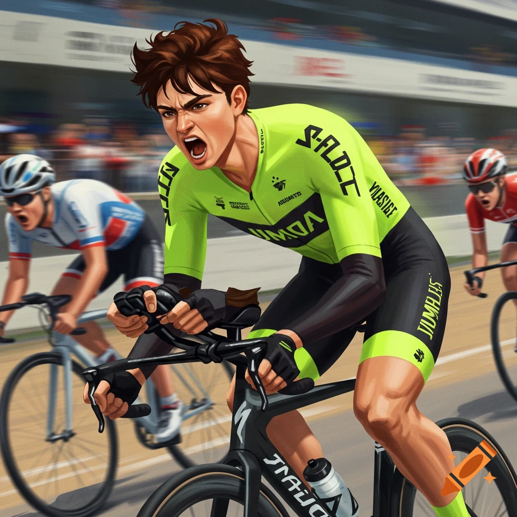 A female cyclist rides a road bike through a sunny green landscape in a ...