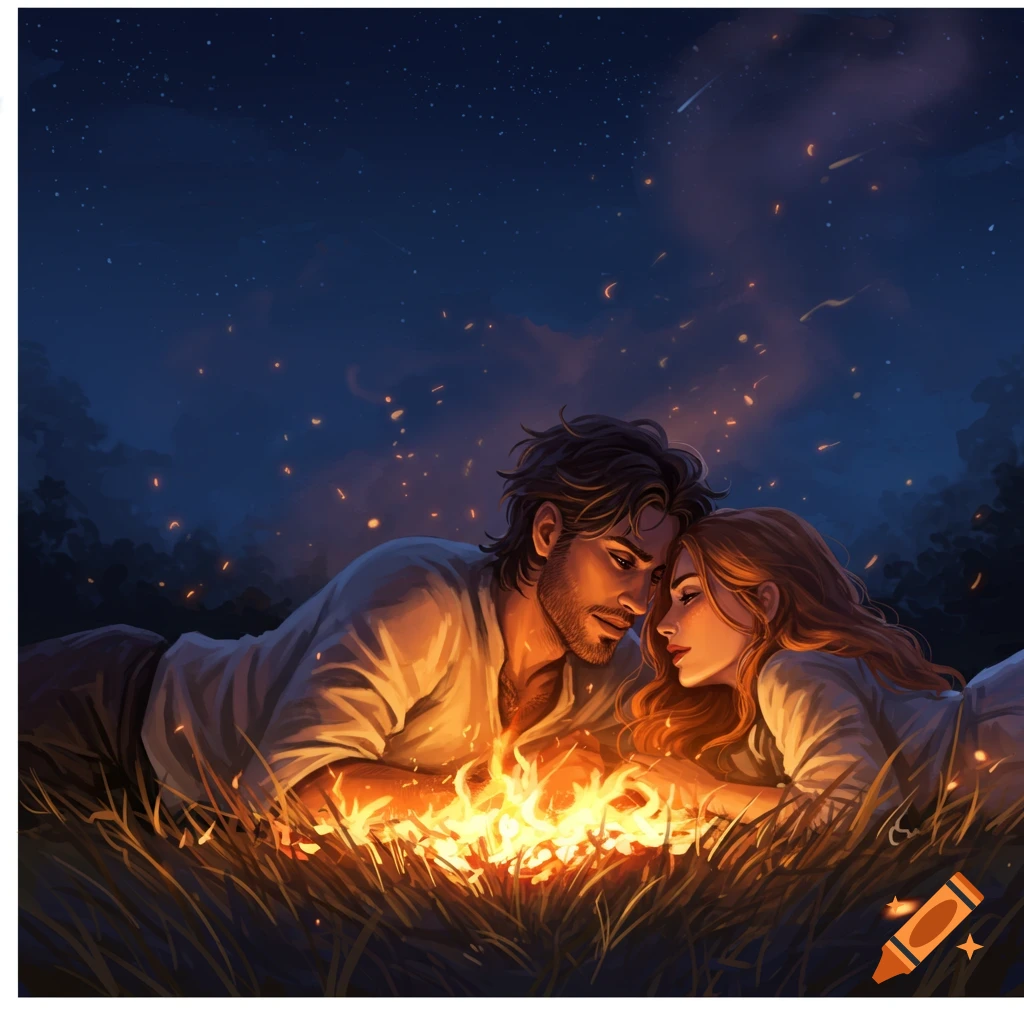 Man and woman laying in a field on fire, sketch on Craiyon