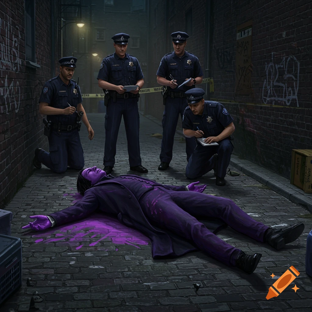 Police officers are investigating a body covered in purple in an alley ...