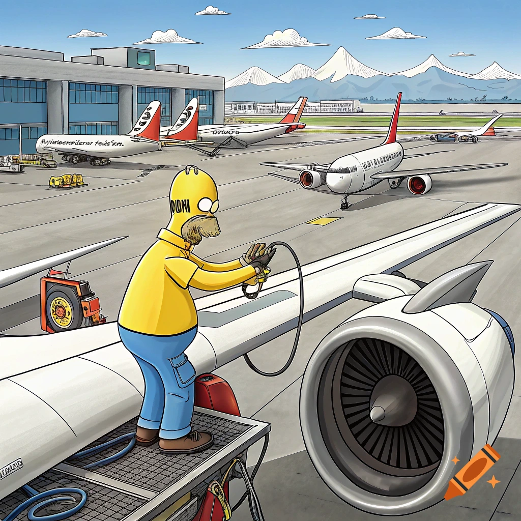 Cartoon illustration of a man boarding an airplane at an airport with ...