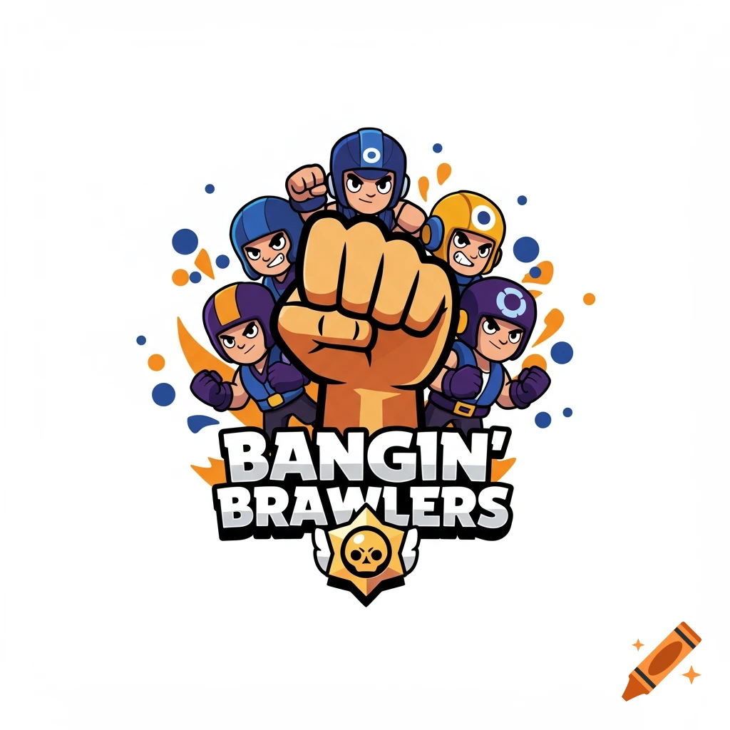 Cartoon logo featuring a large fist surrounded by five small characters ...