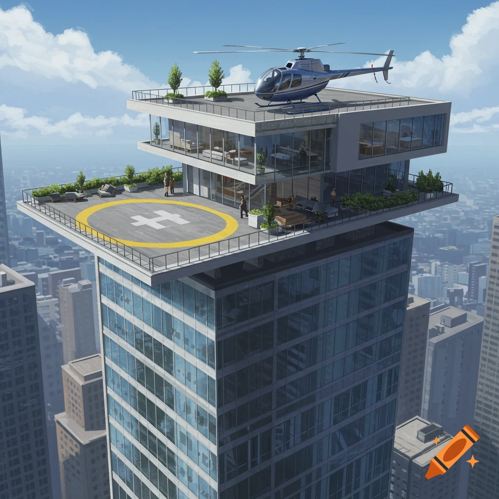 Modern luxury penthouse on top of a skyscraper with a helipad and ...
