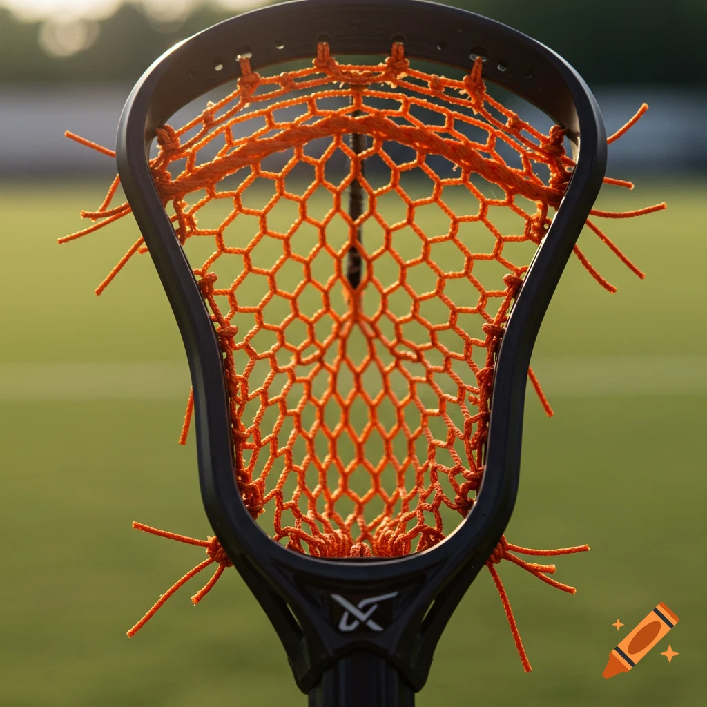 Close-up of a white lacrosse stick head against a blurred green field with sunset light. on Craiyon