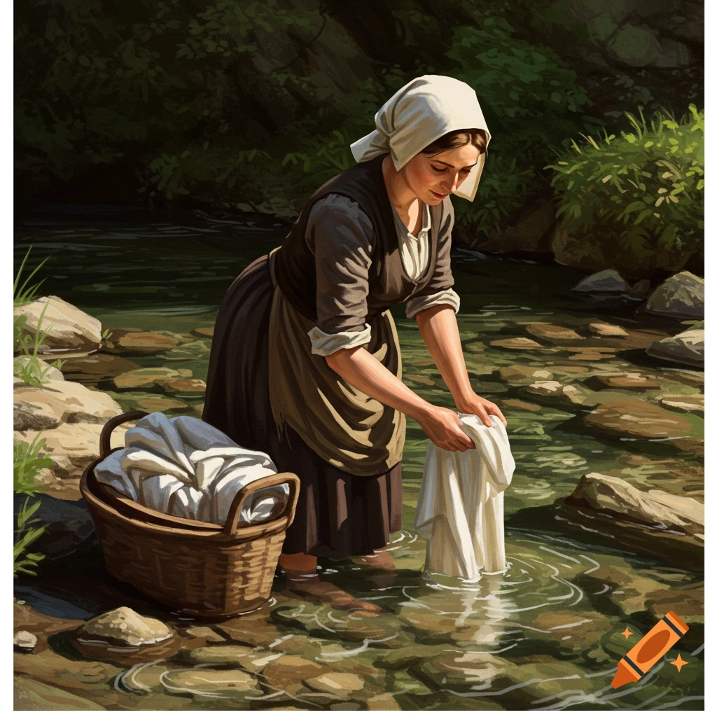 A peasant woman washes clothes in a wooden tub outdoors, with laundry ...