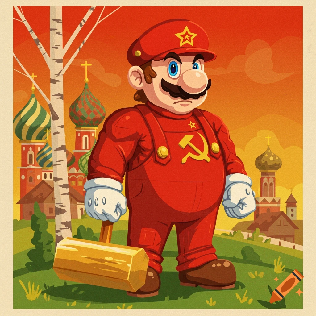 Cartoon Mario in red overalls with a hammer and sickle symbol, holding ...