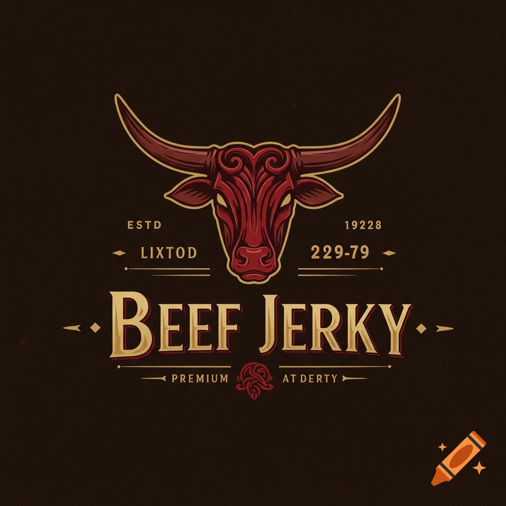 A graphic logo for Beef Jerky featuring a red bull head. on Craiyon
