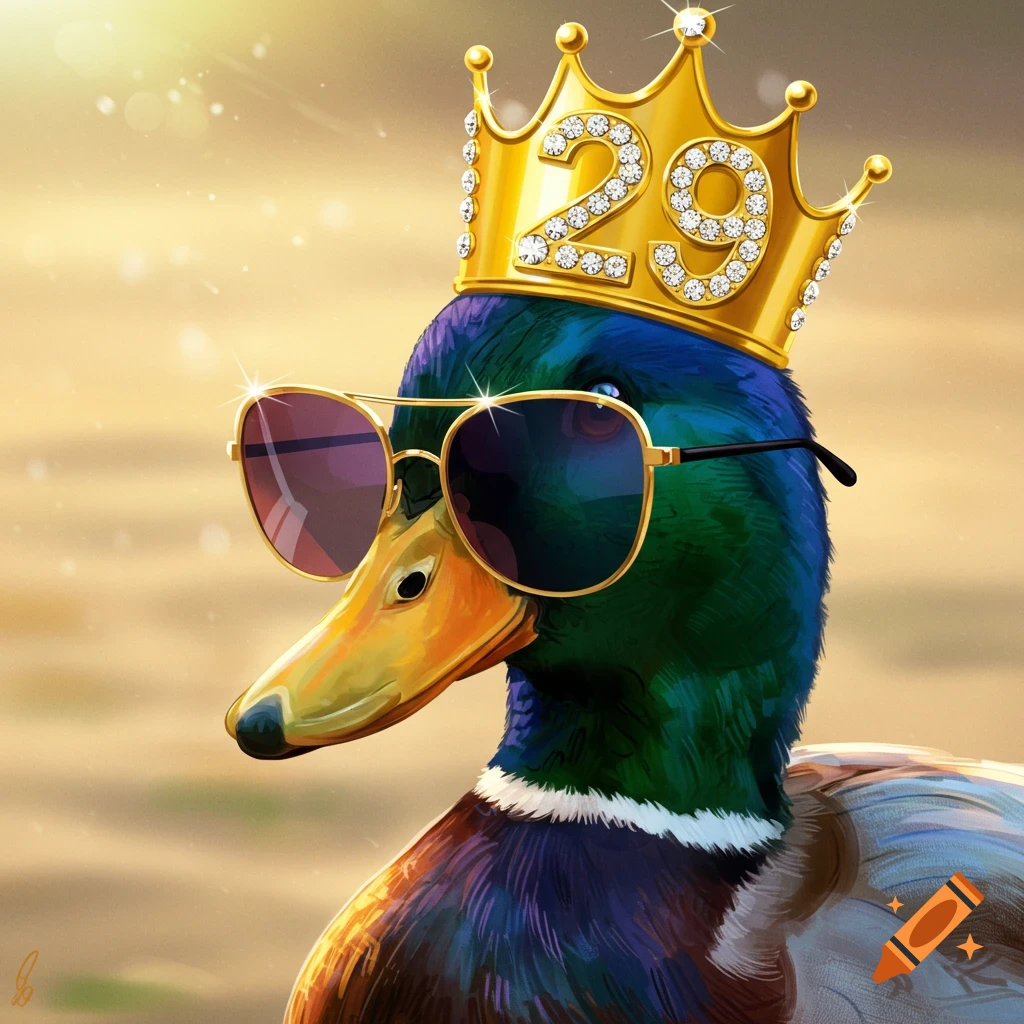 Duck wearing sunglasses and a crown with the number 29 on Craiyon
