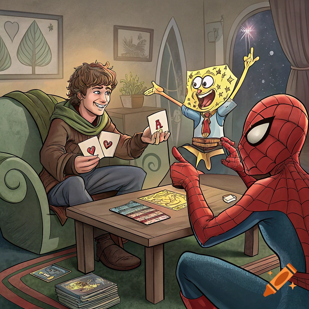 Frodo, Spiderman, and Spongebob playing Magic the Gathering on Craiyon