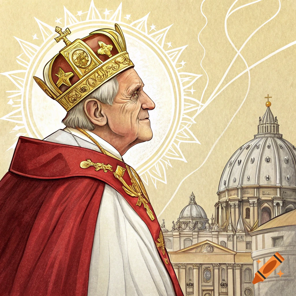 Illustrated Pope with American flag cape and crown, holding a hot dog ...