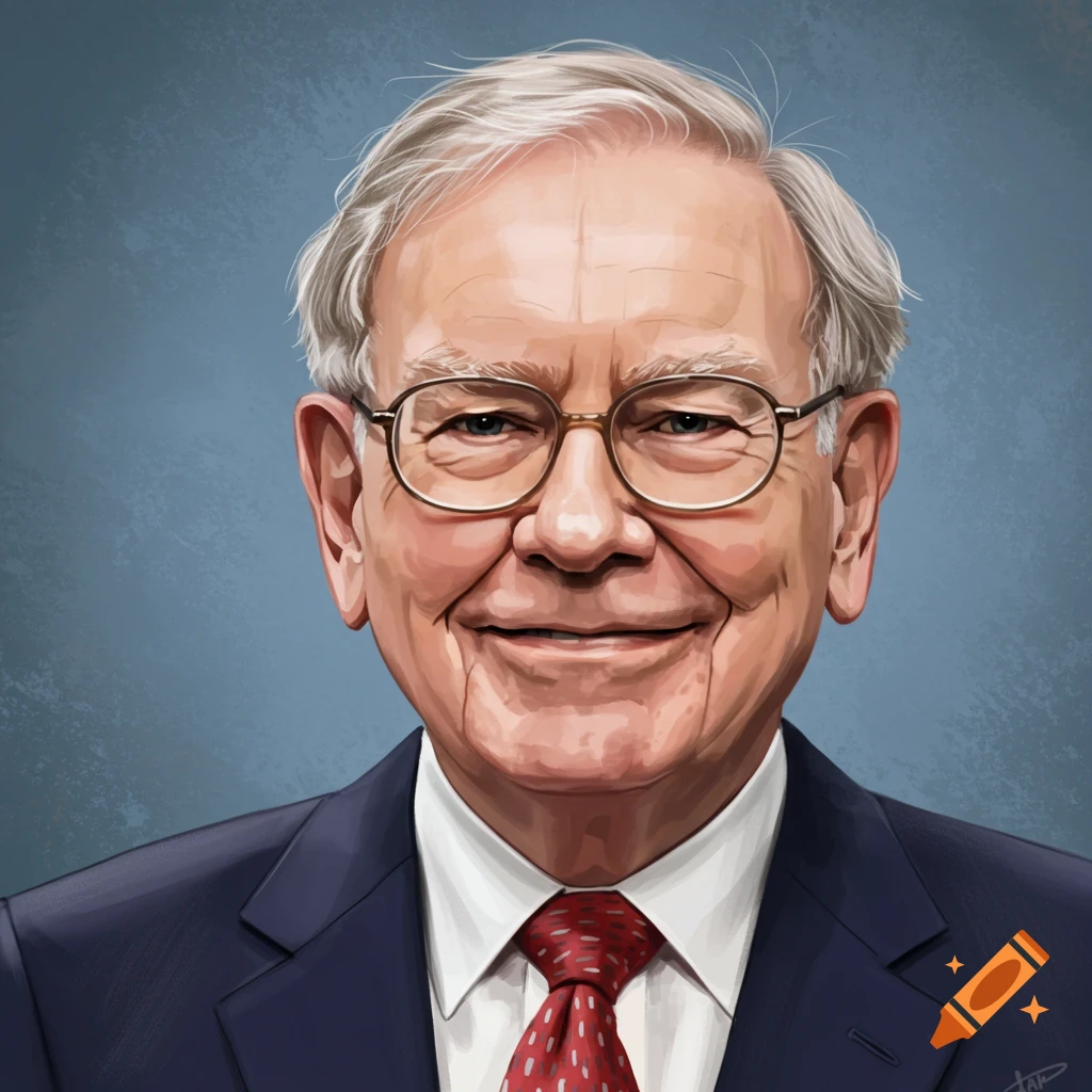 Caricature portrait of Warren Buffett smiling in a suit and gold tie on ...